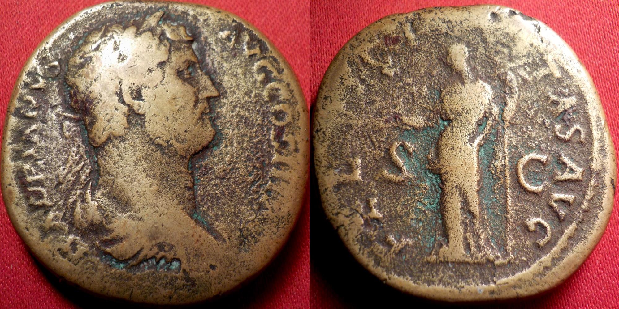 HADRIAN AE sestertius. Felicitas standing, holding caduceus & long scepter