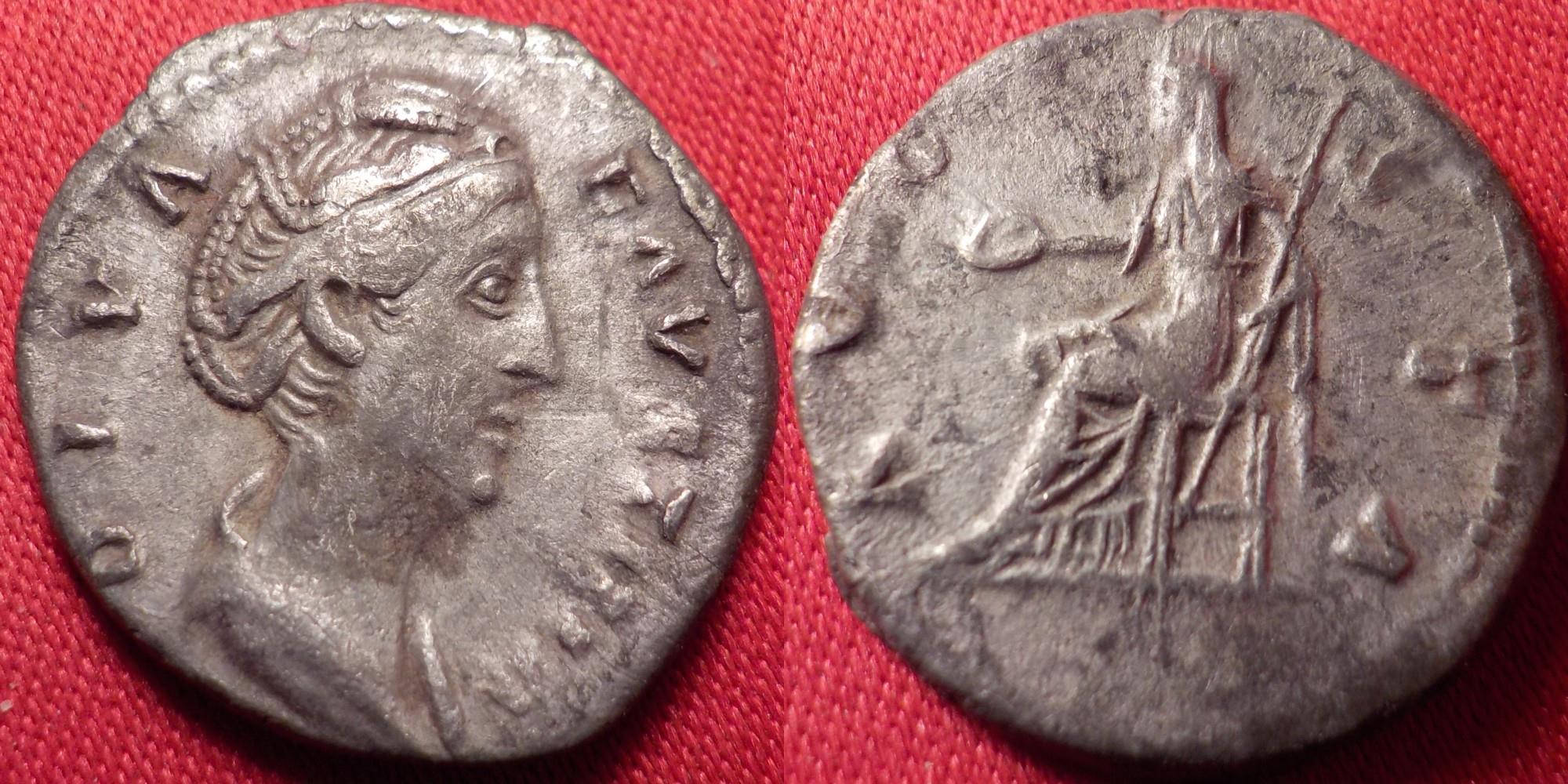 DIVA FAUSTINA I SENIOR AR silver denarius. Vesta seated left | Roman ...