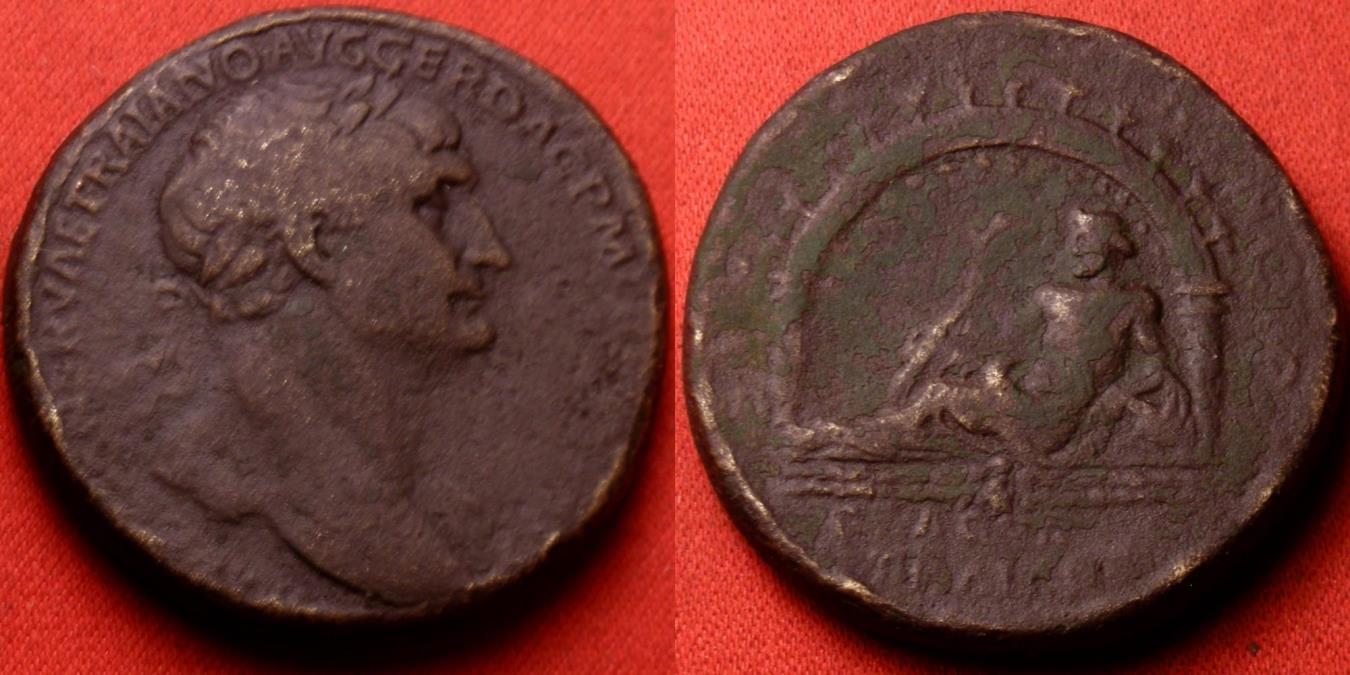 TRAJAN AE sestertius. AQUA TRAIANA, River god reclining in arched grotto