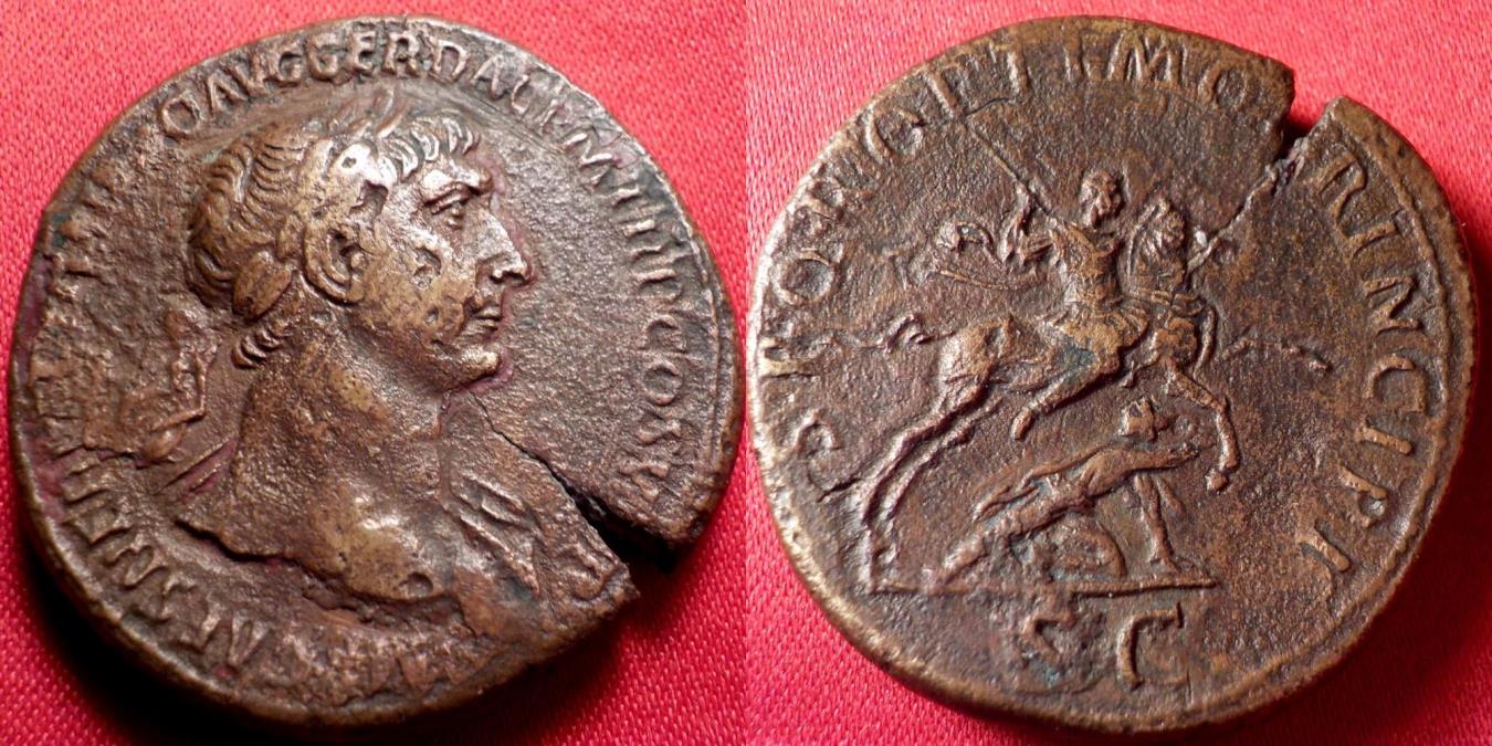 TRAJAN AE sestertius. Trajan riding right on horseback, spearing Dacian.