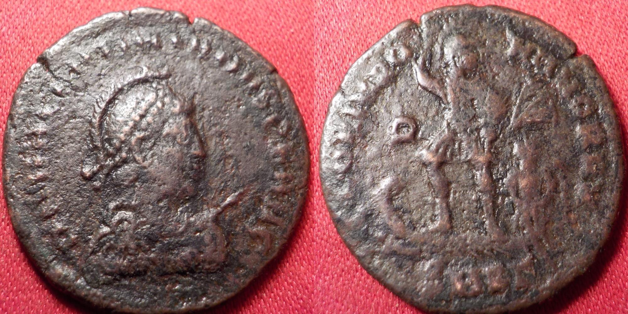 VALENTINIAN II AE2. Cyzicus mint. GLORIA ROMANORUM, Emperor on galley ...