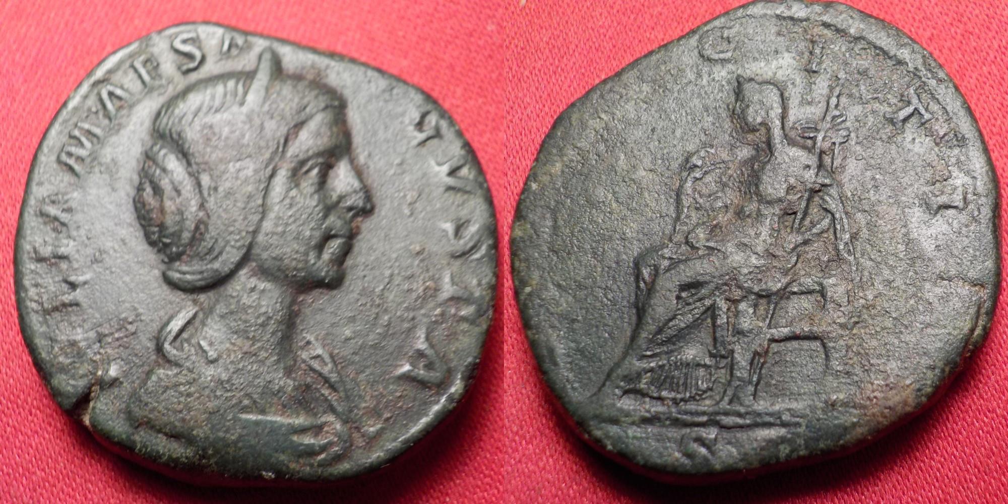 JULIA MAESA AE sestertius. Rome, 218-222 AD. Pudicitia seated left.