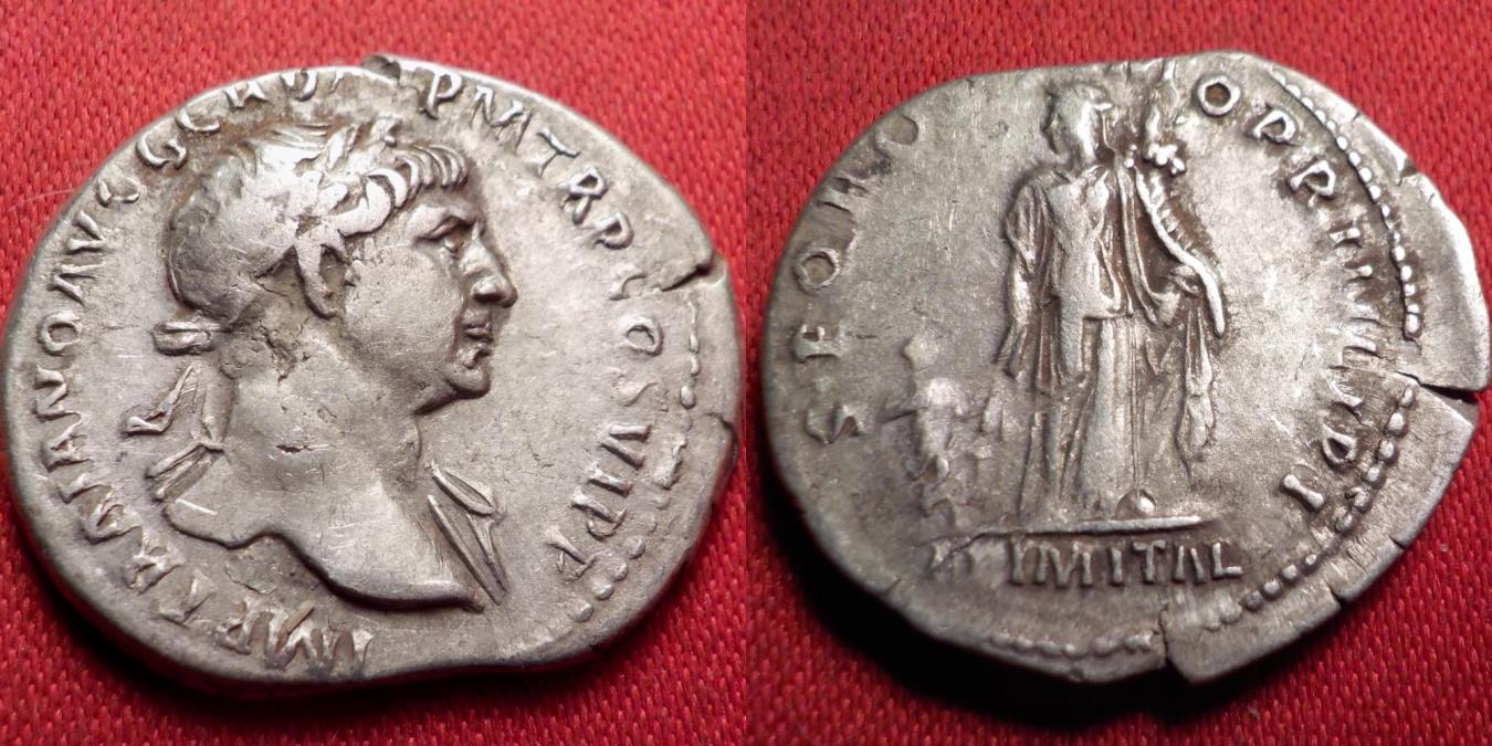 TRAJAN AR silver denarius. Annona standing, child at her feet. ALIM ...