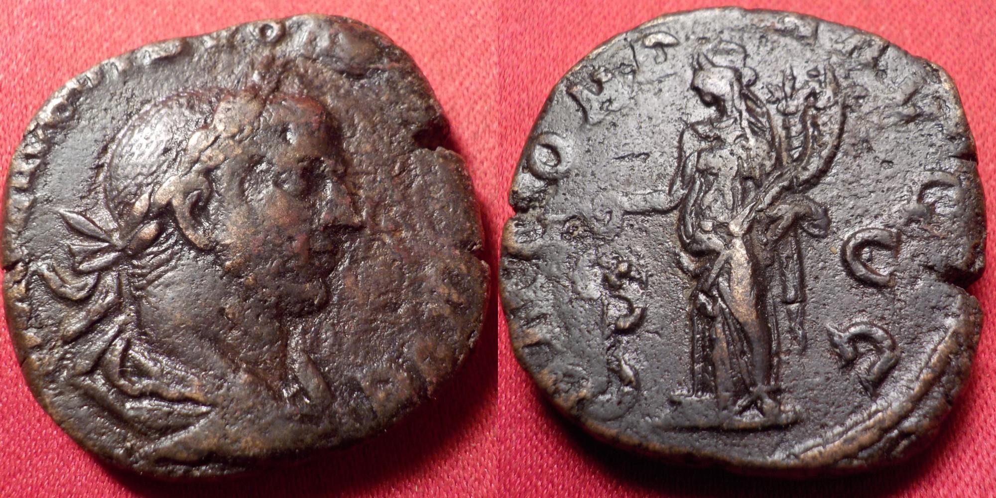 VOLUSIAN AE sestertius. Concordia standing, holding patera & cornucopia.