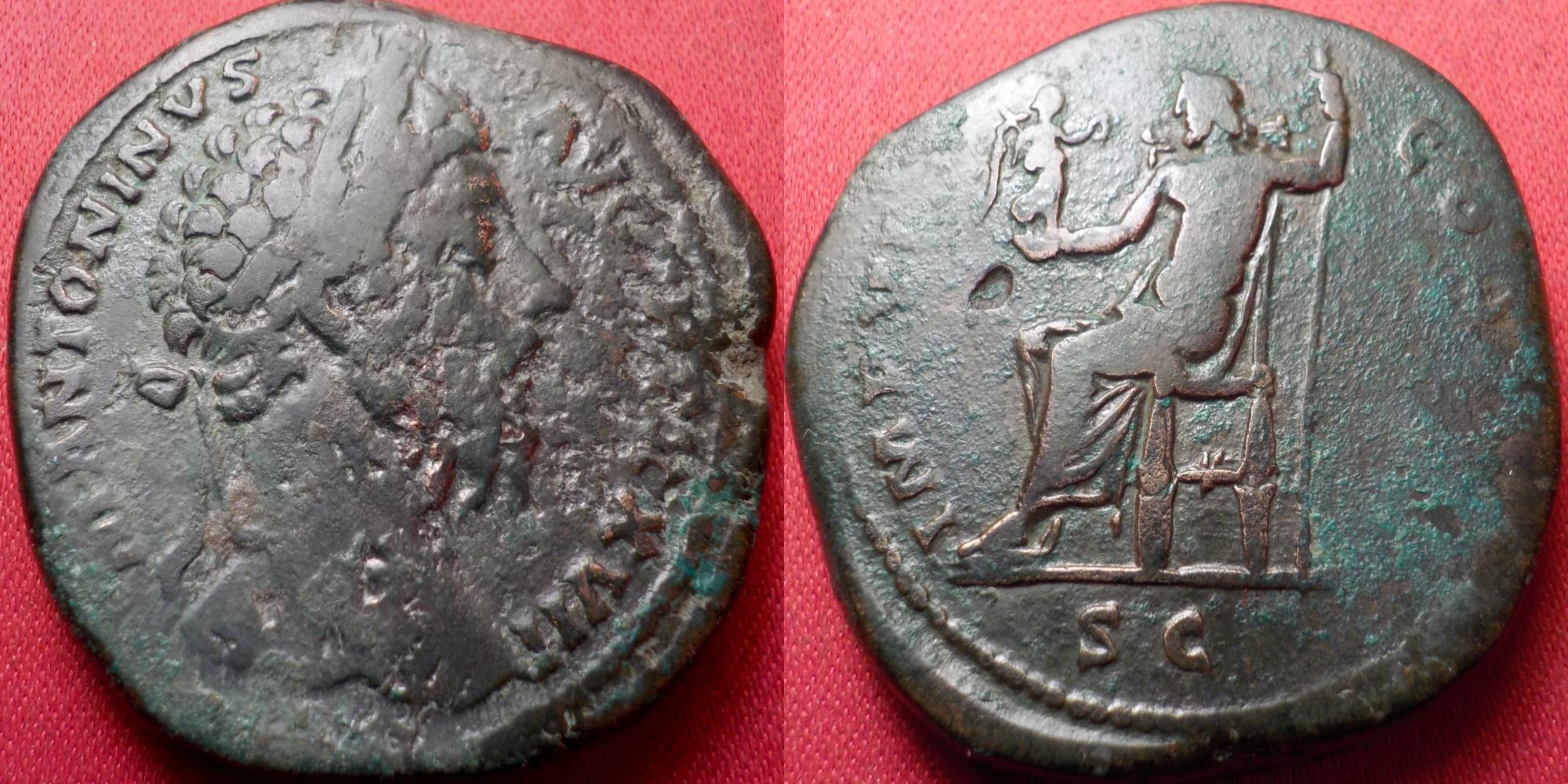 MARCUS AURELIUS AE sestertius. Rome, 172-173 AD. Jupiter seated left.