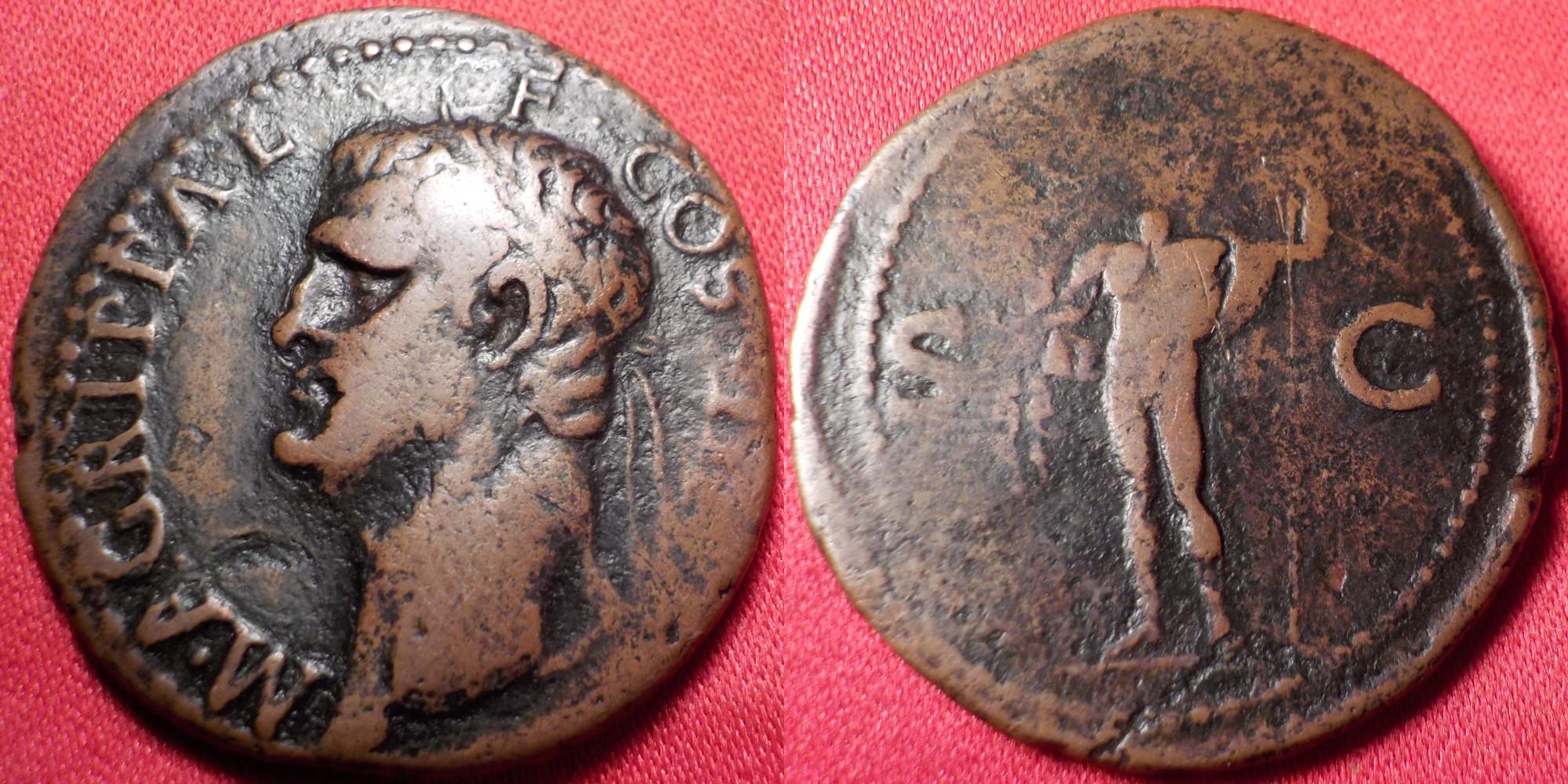 AGRIPPA AE as. Neptune standing, holding trident & dolphin. Memorial ...