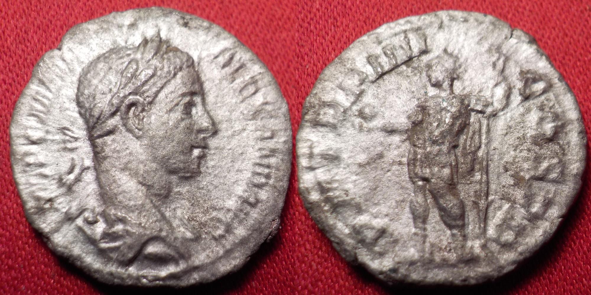 SEVERUS ALEXANDER AR silver denarius. Emperor standing, holding globe ...