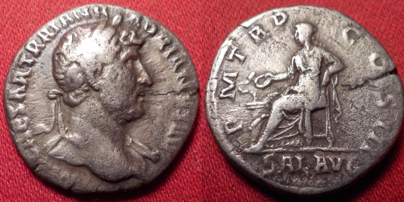HADRIAN AR silver denarius. Salus seated, feeding serpent. | Roman ...
