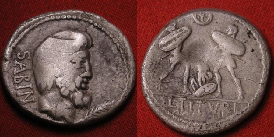 L TITURIUS L F SABINUS AR silver denarius. King Tatius, Tarpeia buried ...