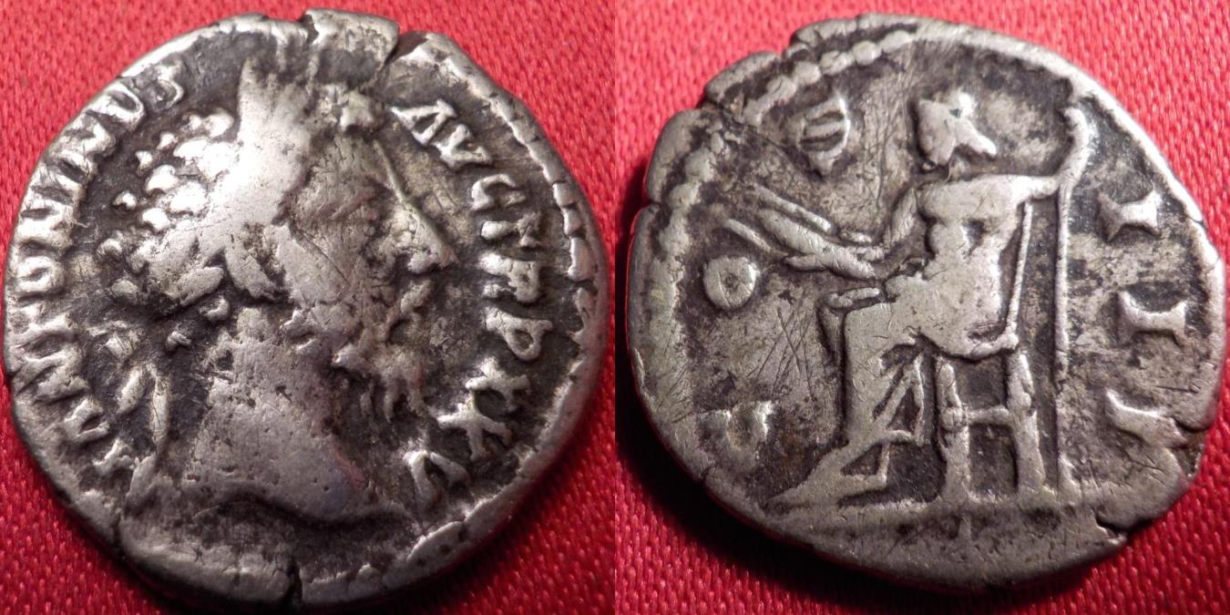 MARCUS AURELIUS AR silver denarius. COS III, Jupiter seated, holding ...