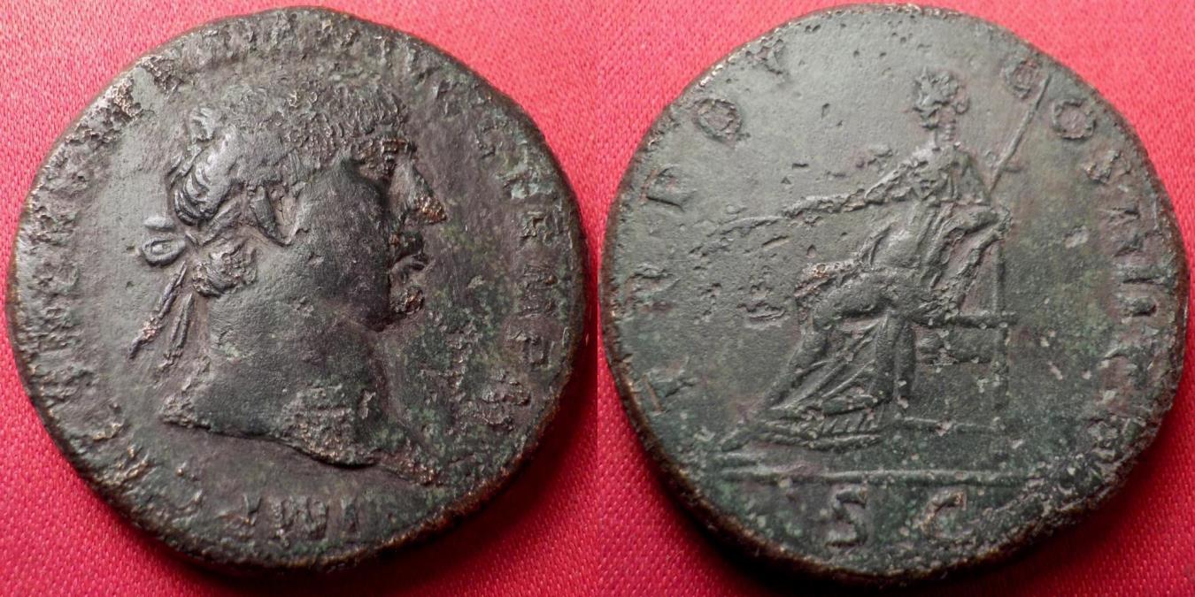 TRAJAN AE sestertius. Pax seated left. Early issue, 101-102 AD.