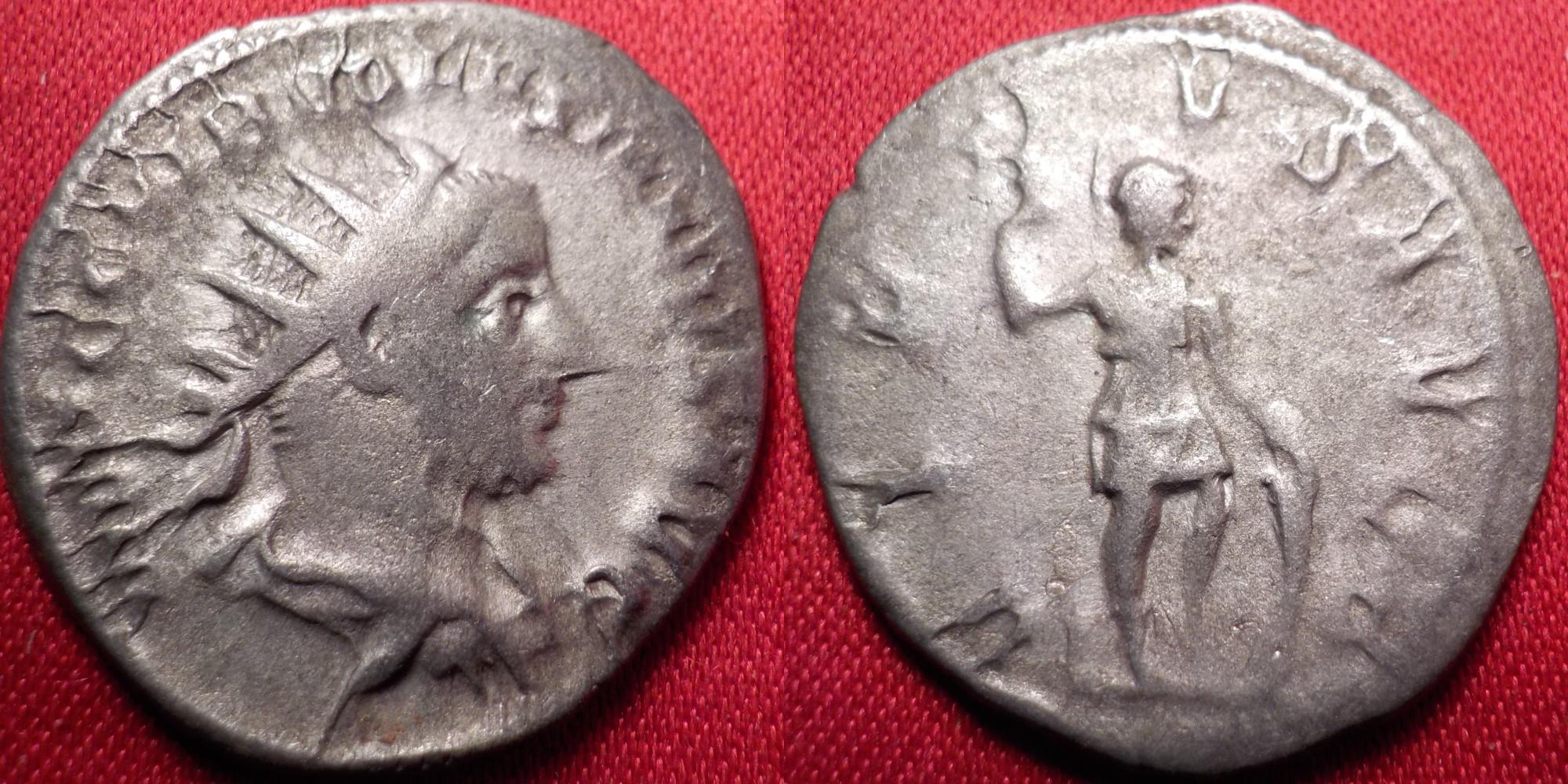 VOLUSIAN AR silver antoninianus. Mediolanum mint. Virtus standing ...