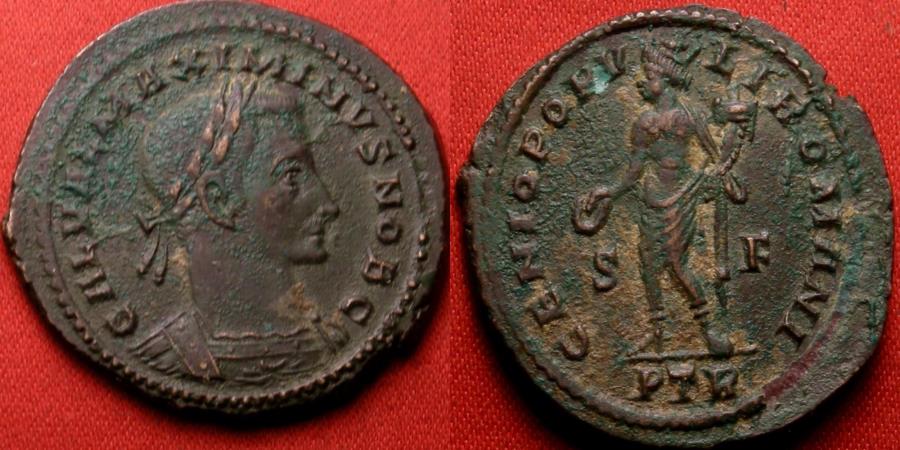 MAXIMINUS II CAESAR AE large follis. Trier, 305-309 AD. Genius standing