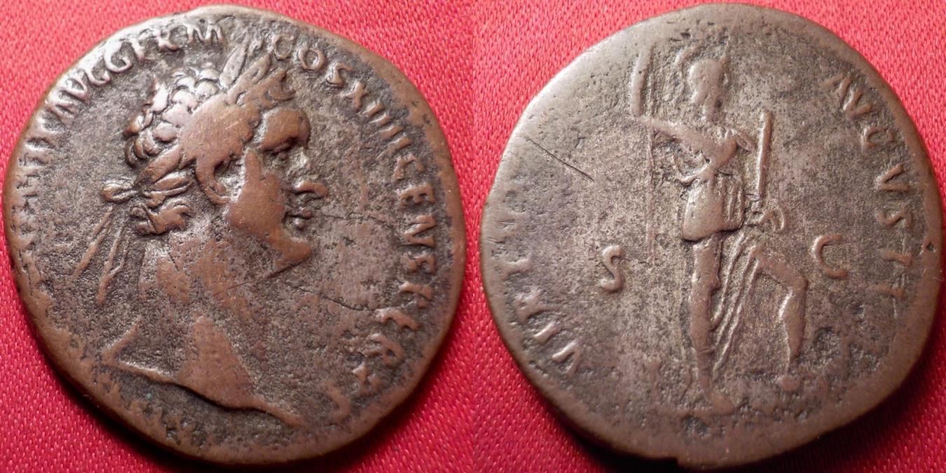 DOMITIAN AE as. Virtus standing, holding spear & parazonium. 87 AD