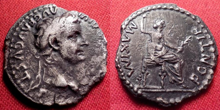 TIBERIUS AR silver denarius. PONTIF MAXIM, Livia, as Pax, seated right