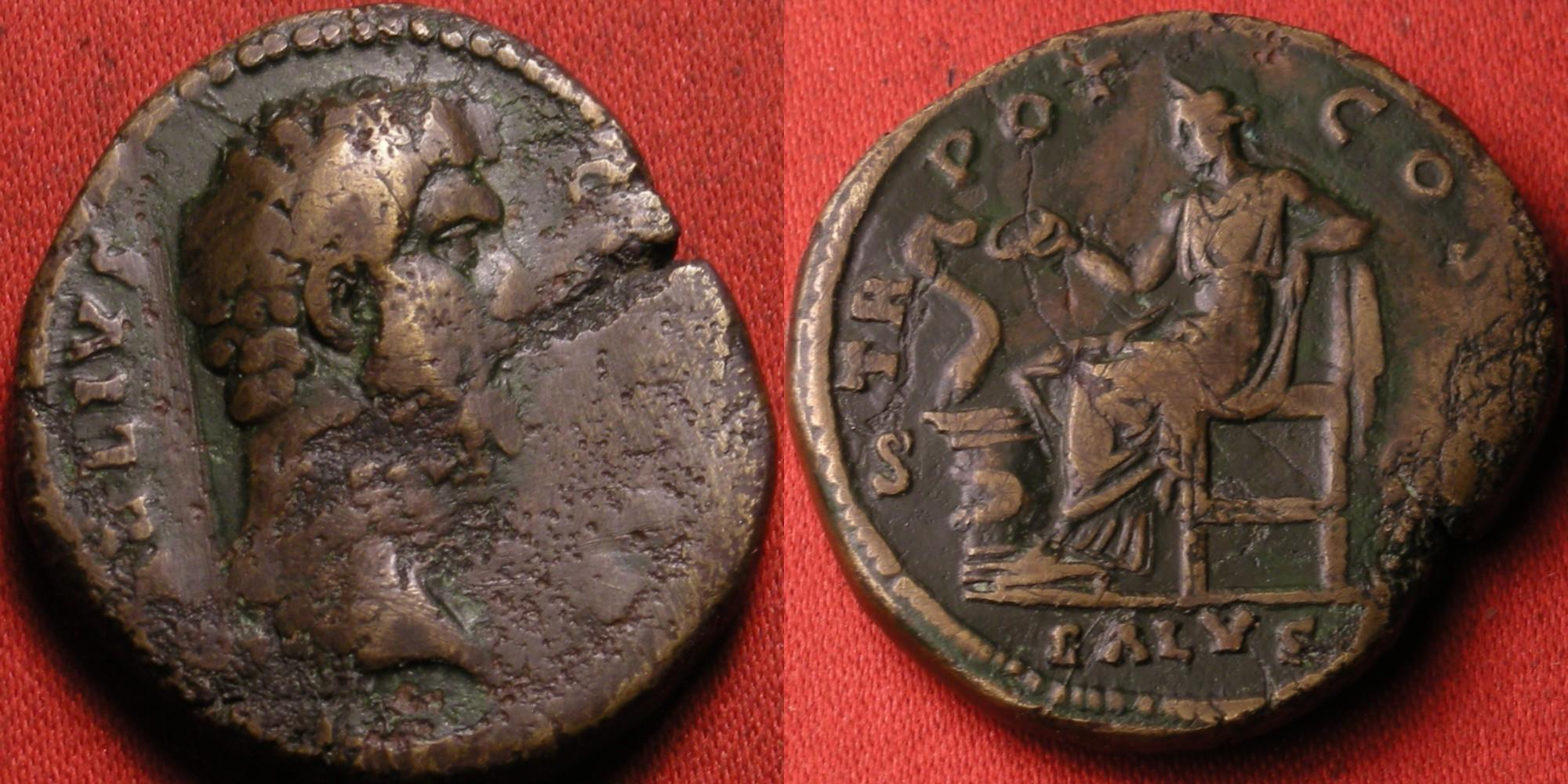 AELIUS CAESAR AE orichalcum dupondius. Salus seated, feeding serpent ...