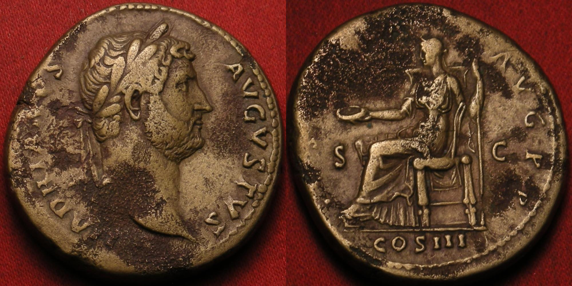 HADRIAN AE sestertius. JUSTITIA seated, holding patera & scepter.