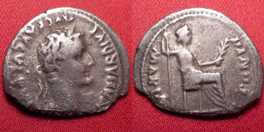 TIBERIUS AR silver denarius. PONTIF MAXIM, Livia, as Pax, seated right