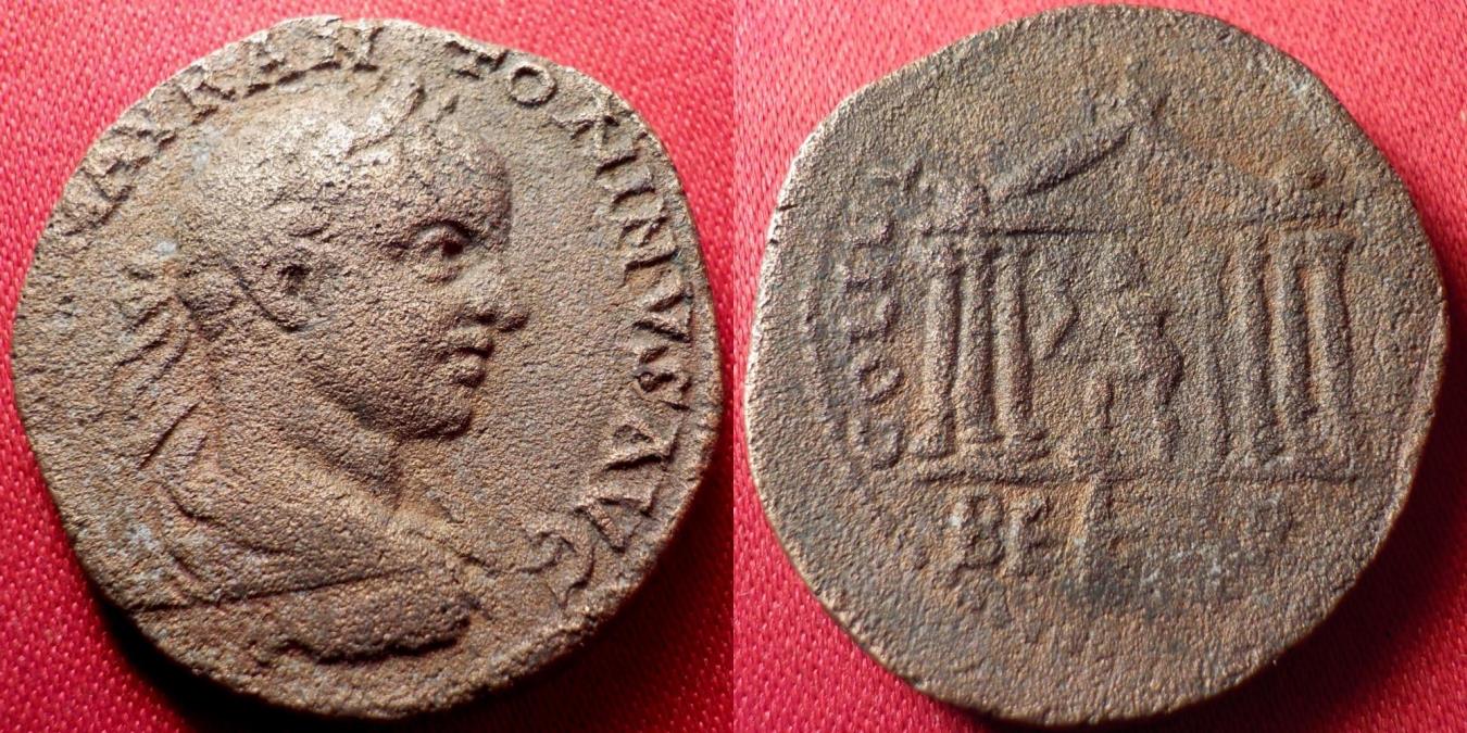 ELAGABALUS AE 25mm. BERYTUS, Phoenicia. Poseidon standing in hexastyle ...