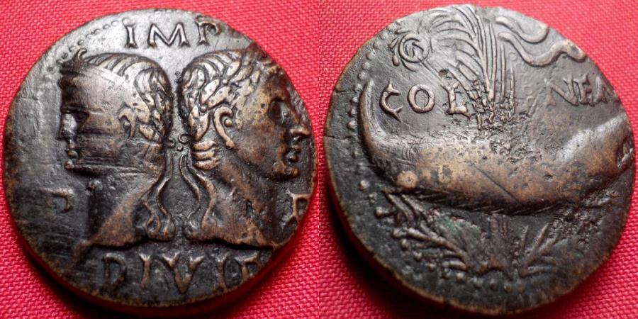 AUGUSTUS & AGRIPPA AE dupondius, Nemausus Mint. Crocodile, chained to ...