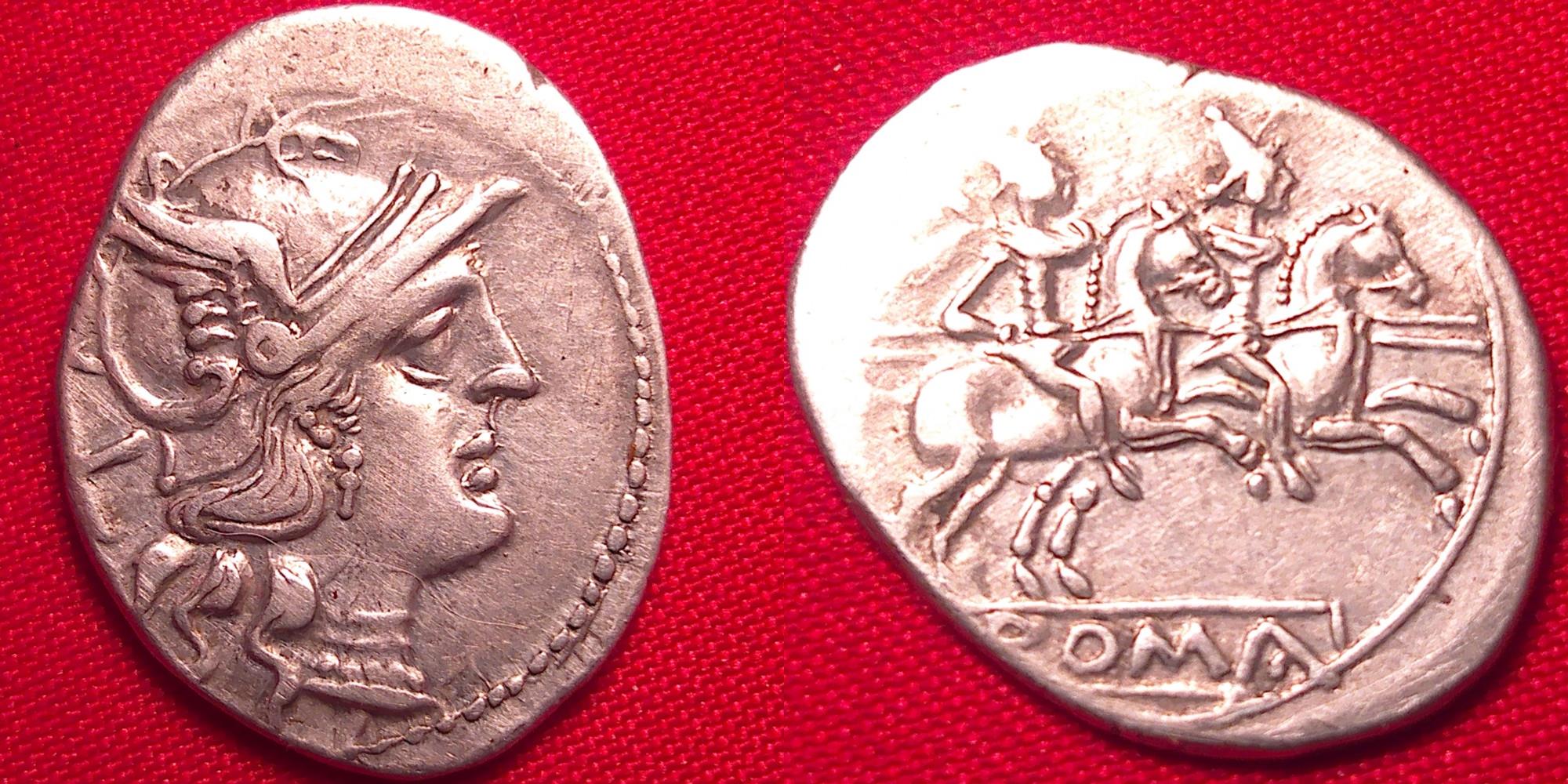 ANONYMOUS AR silver denarius. After 211 BC. Helmeted Roma, The Dioscuri ...