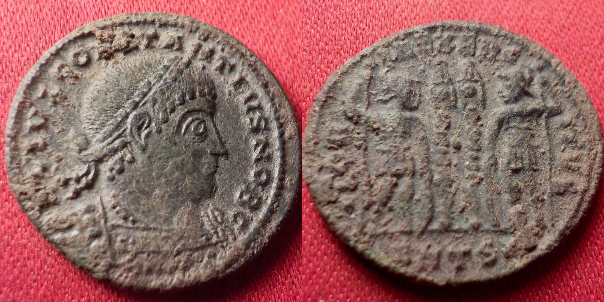 CONSTANTIUS II CAESAR AE follis. Thessalonica mint. Soldiers & standards.