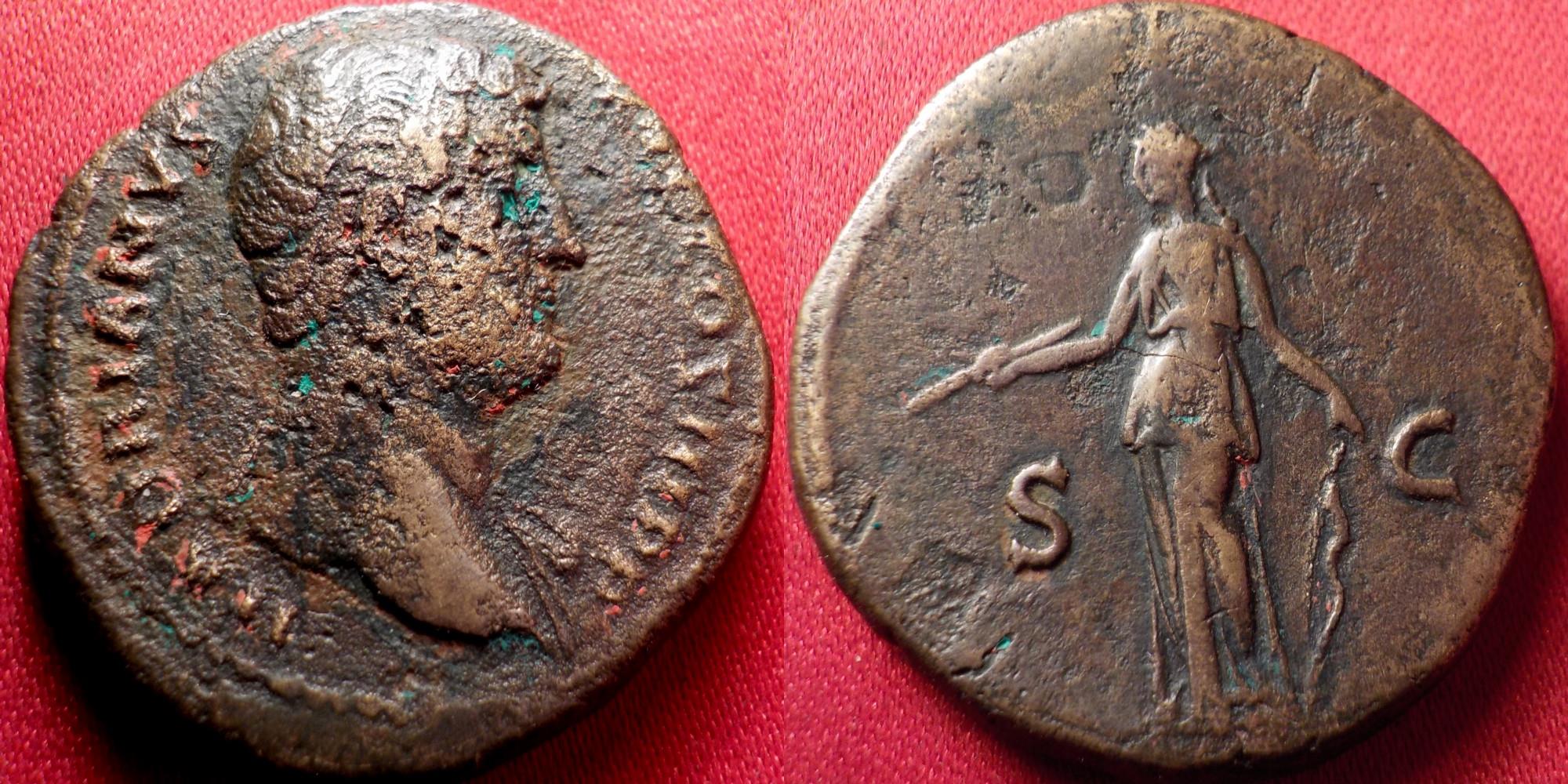HADRIAN AE as. Diana standing, holding bow & arrows. | Roman Imperial Coins