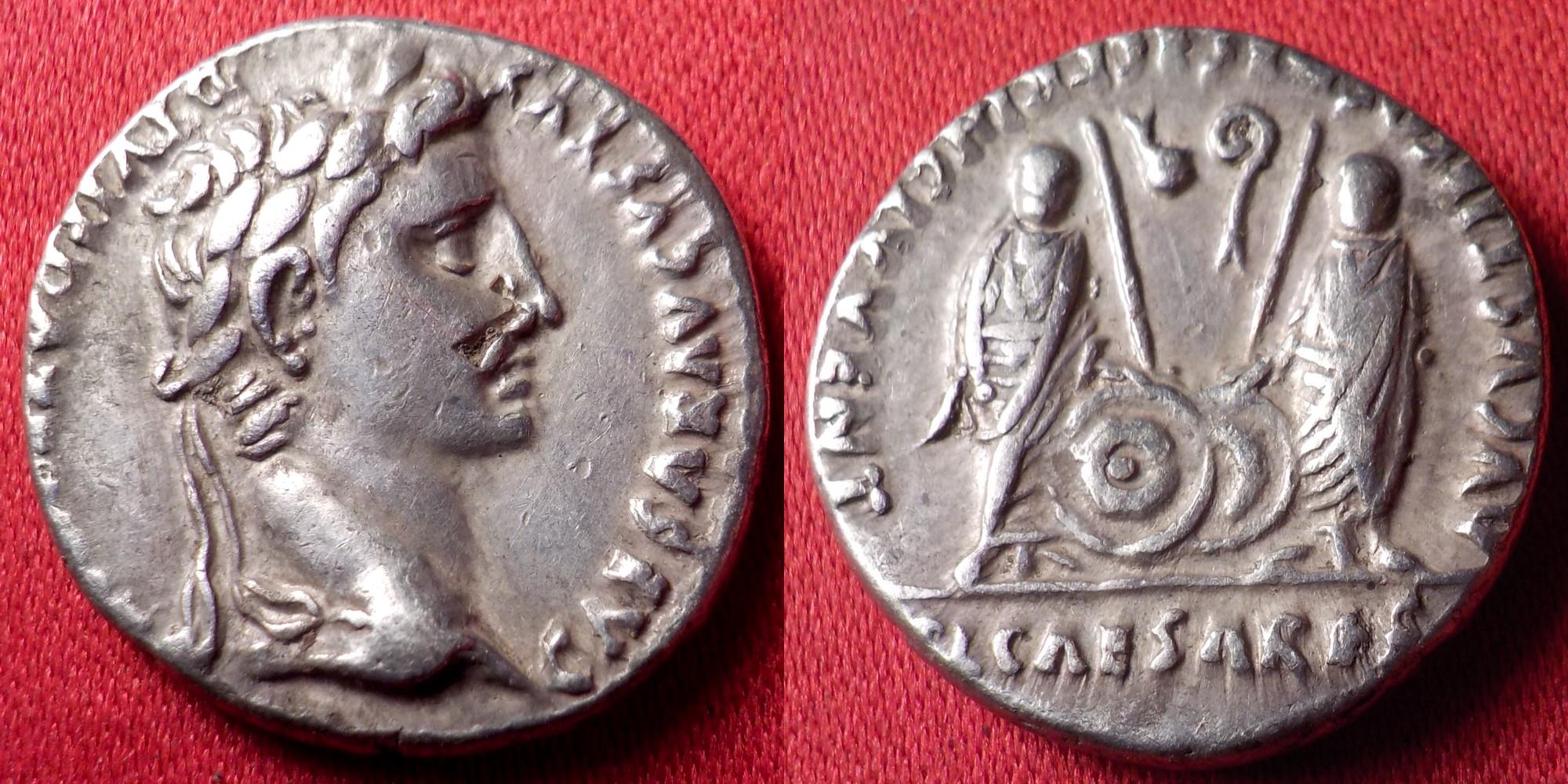 AUGUSTUS AR silver denarius. Caius & Lucius Caesars standing, shields ...