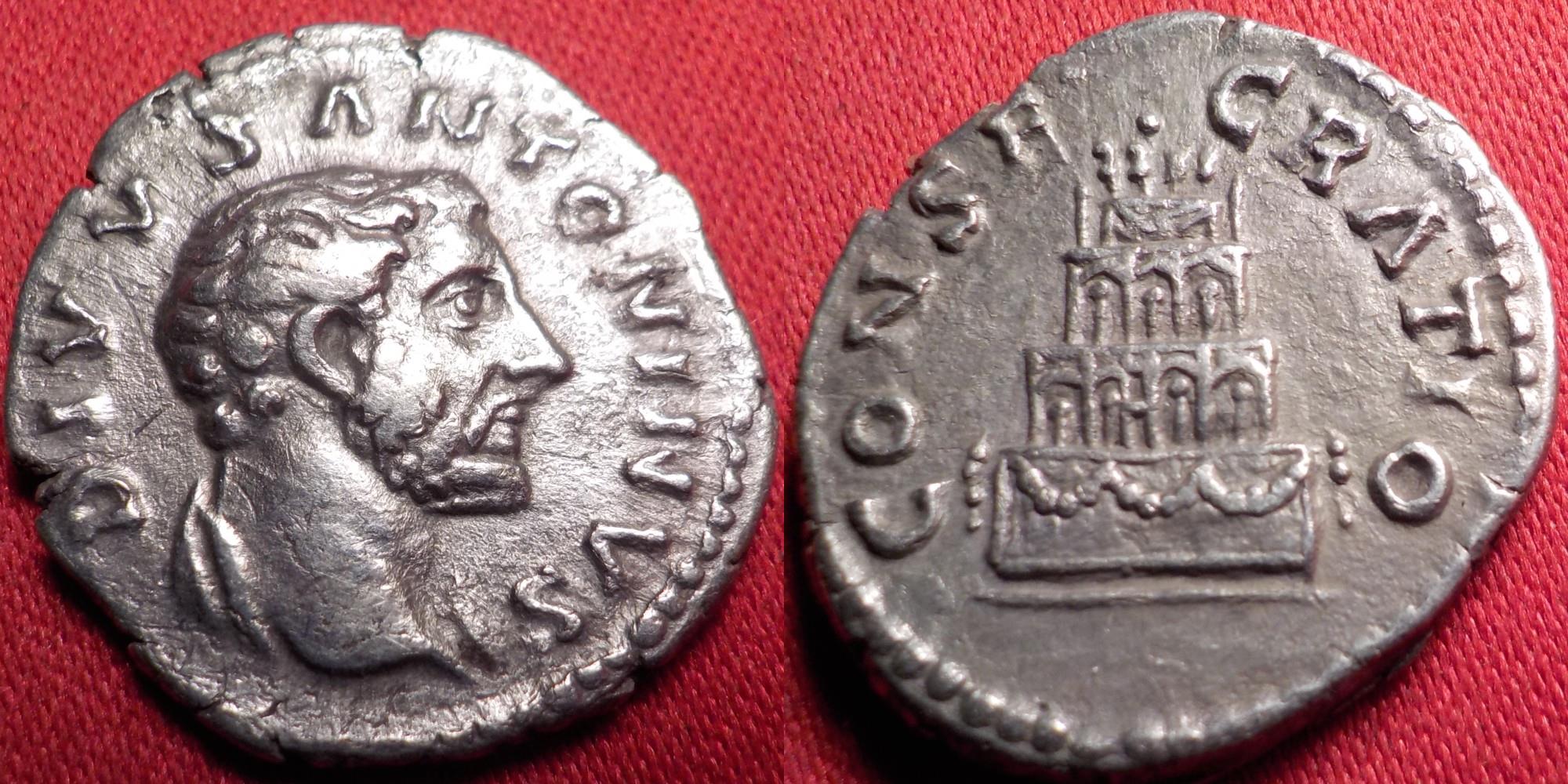 ANTONINUS PIUS AR silver denarius. CONSECRATIO, four tiered funeral pyre.