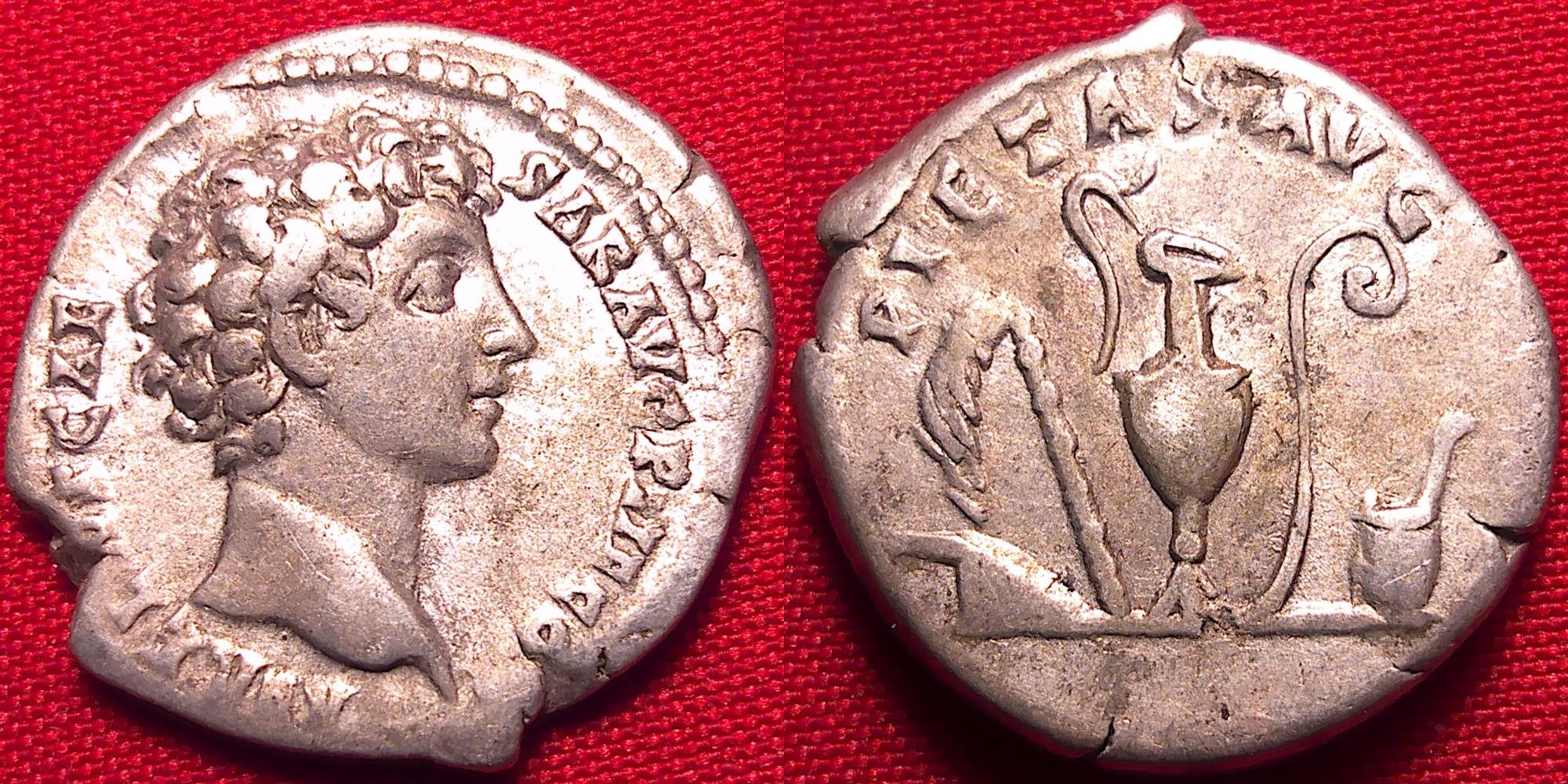 MARCUS AURELIUS CAESAR AR silver denarius. PIETAS AVG, five sacrificial ...