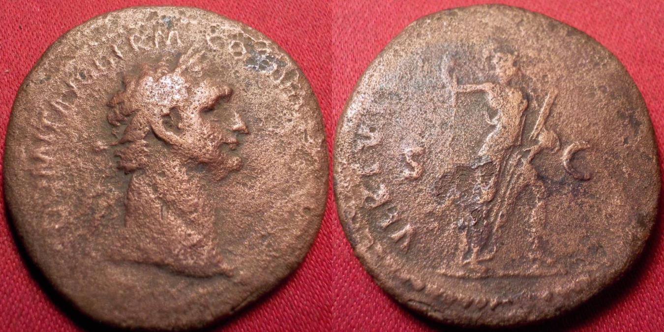 DOMITIAN AE as. Virtus standing, holding spear & parazonium. 90-91 AD