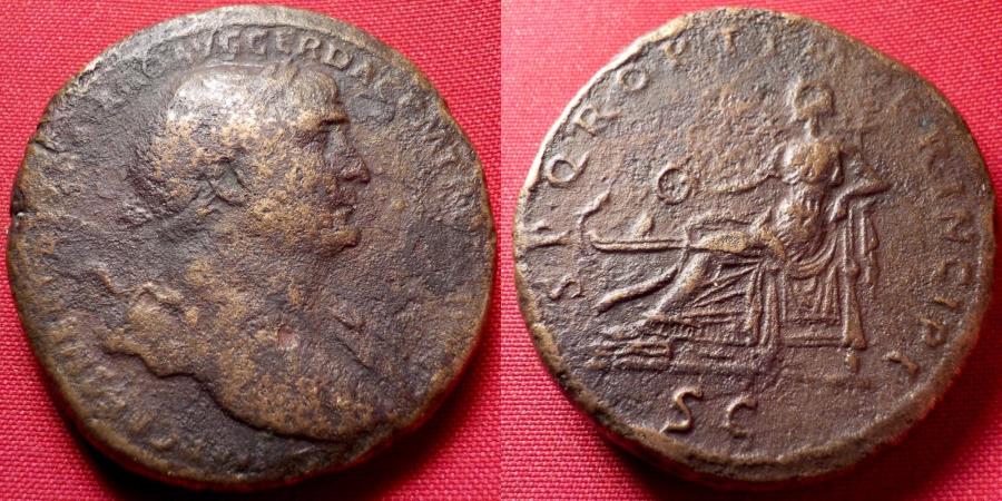 TRAJAN AE sestertius. Salus seated left, holding patera over altar with ...