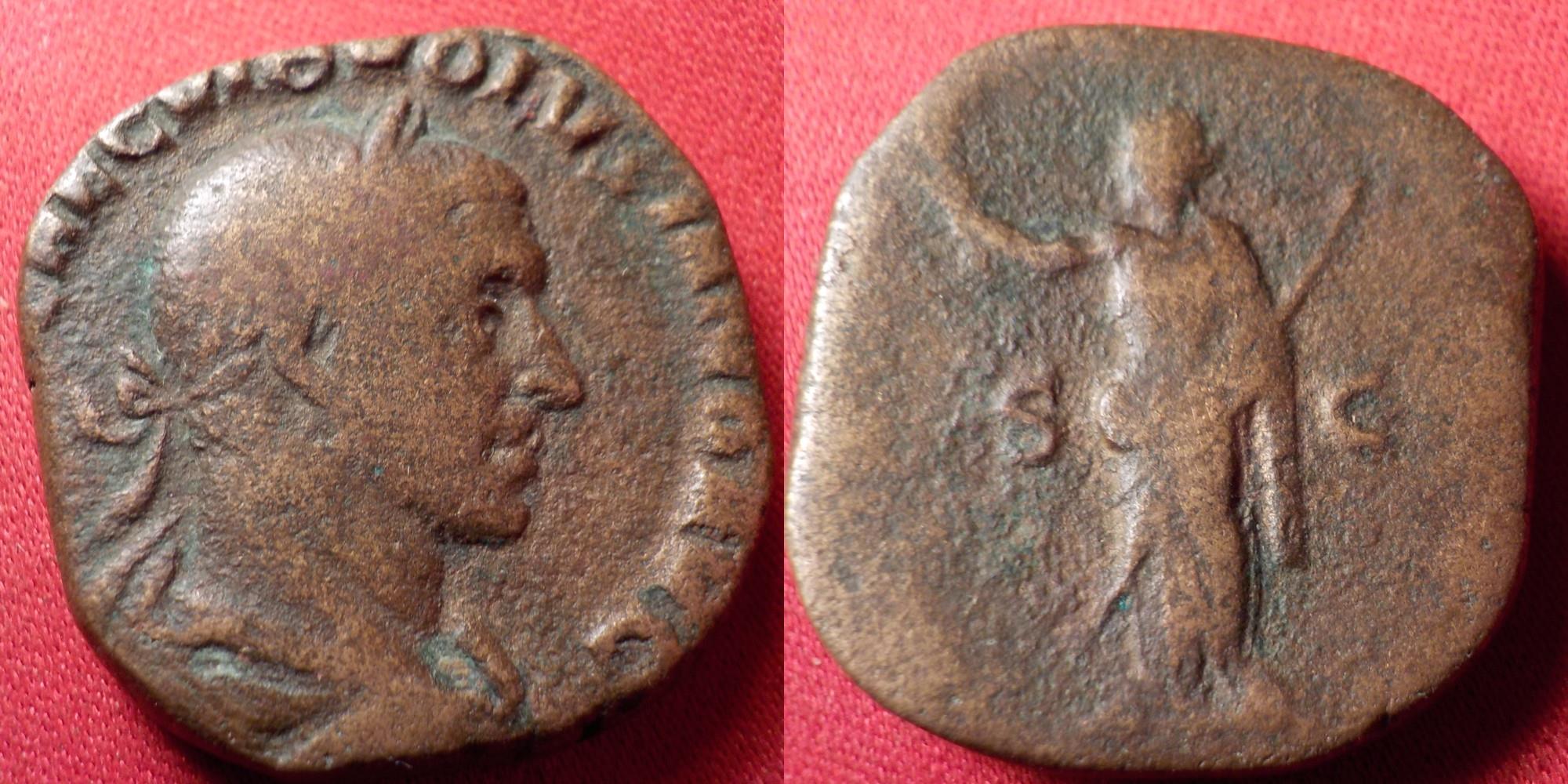 VOLUSIAN AE sestertius. PAX AVGG, Pax standing, holding branch.