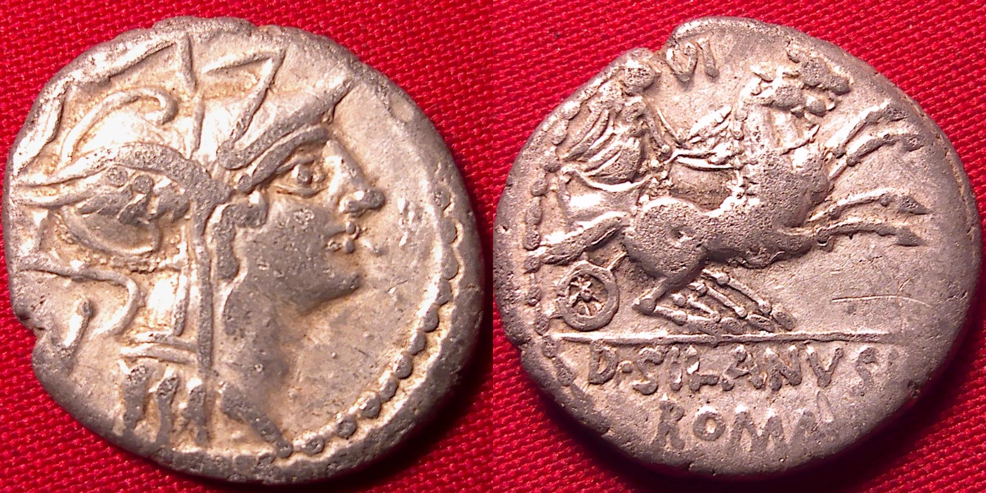 DECIMUS JUNIUS SILANUS AR silver denarius. Helmeted Roma, Victory in biga