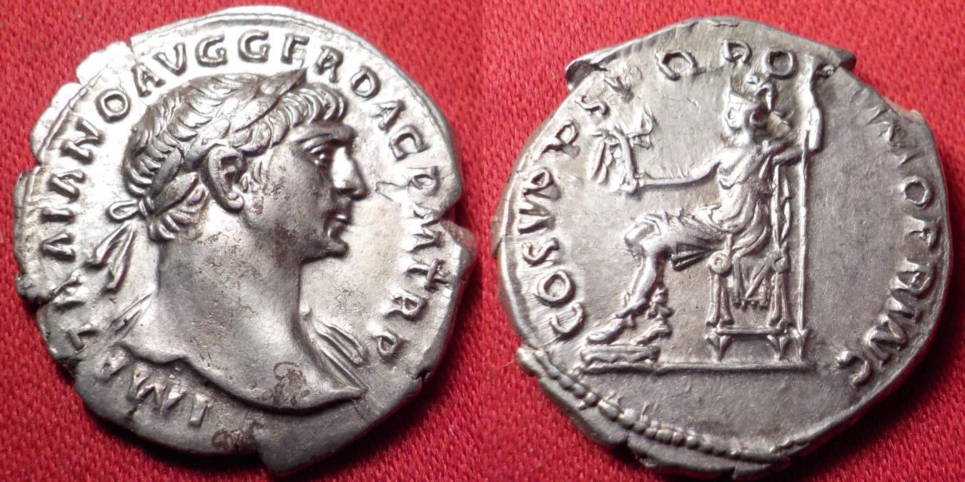 TRAJAN AR silver denarius. Roma seated, holding Victory | Roman ...