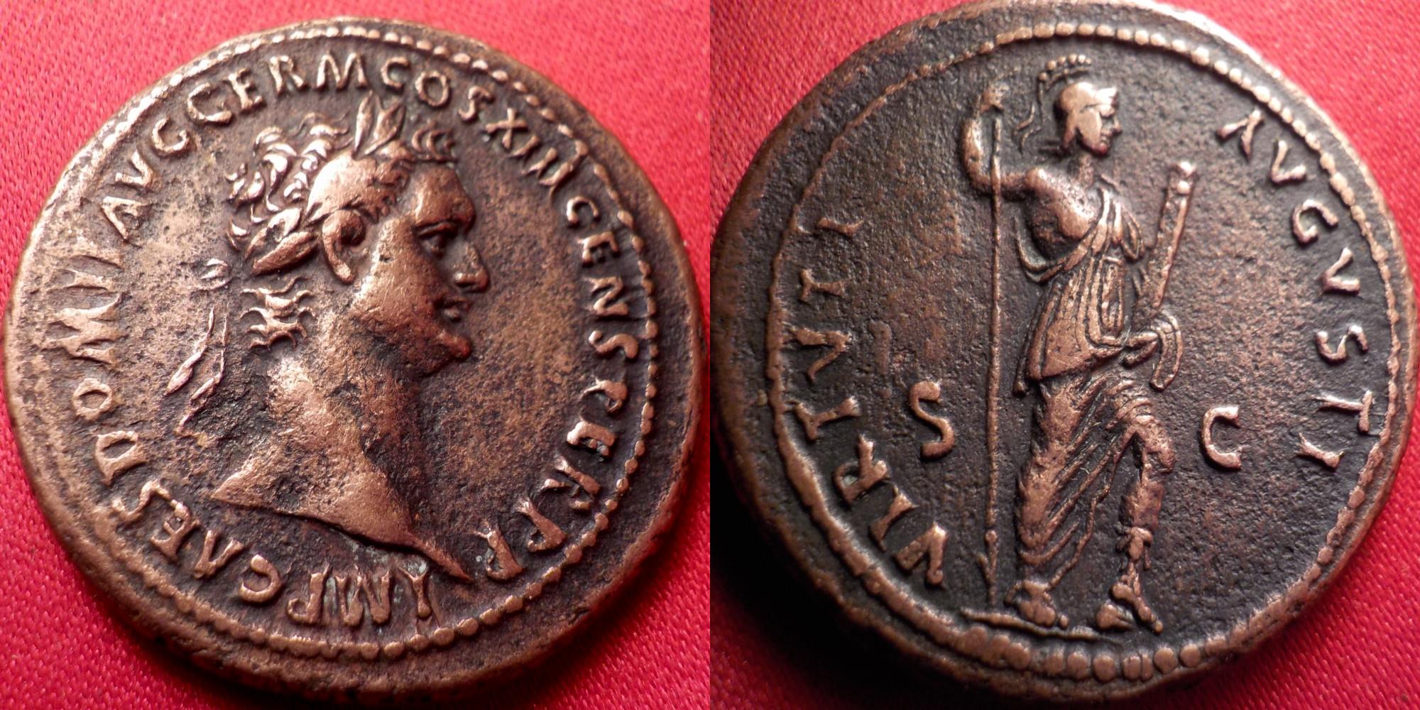 DOMITIAN AE as. Virtus standing, holding spear & parazonium. 88-89 AD.