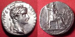 TIBERIUS AR silver denarius. PONTIF MAXIM, Livia, as Pax, seated right
