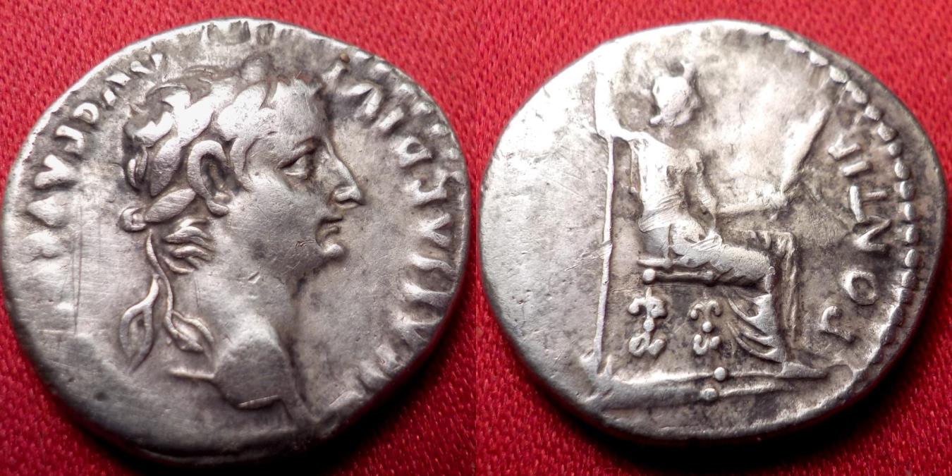 TIBERIUS AR silver denarius. PONTIF MAXIM, Livia, as Pax, seated right