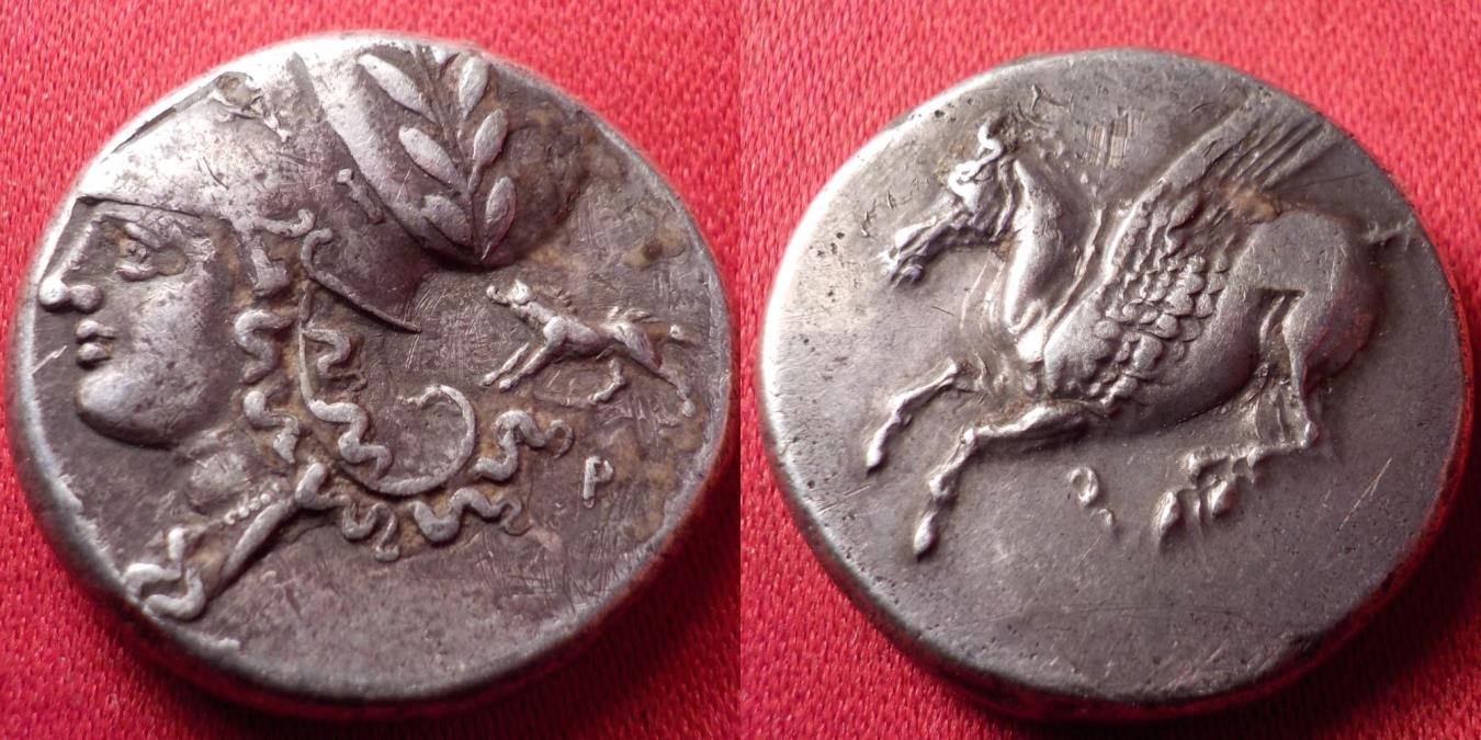 CORINTH AR silver stater. Struck circa 375-330 BC. Pegasus flying. Boar control mark.