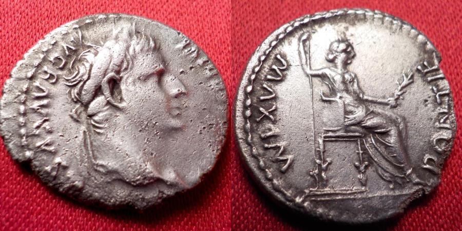 TIBERIUS AR silver denarius. PONTIF MAXIM, Livia, as Pax, seated right