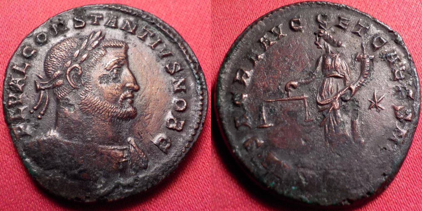 CONSTANTIUS I CHLORUS AE silvered large follis. Rome. Moneta standing ...