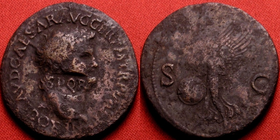 NERO AE as. Lugdunum mint. Victoria advancing left, holding shield ...