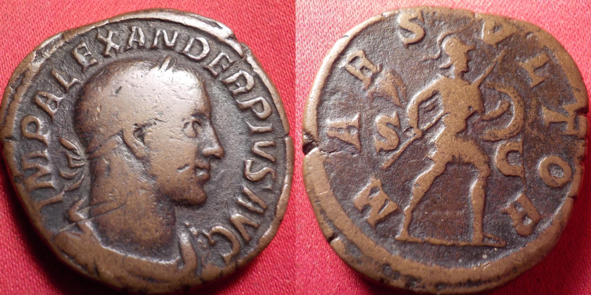 SEVERUS ALEXANDER AE sestertius. MARS ULTOR, Mars advancing right ...
