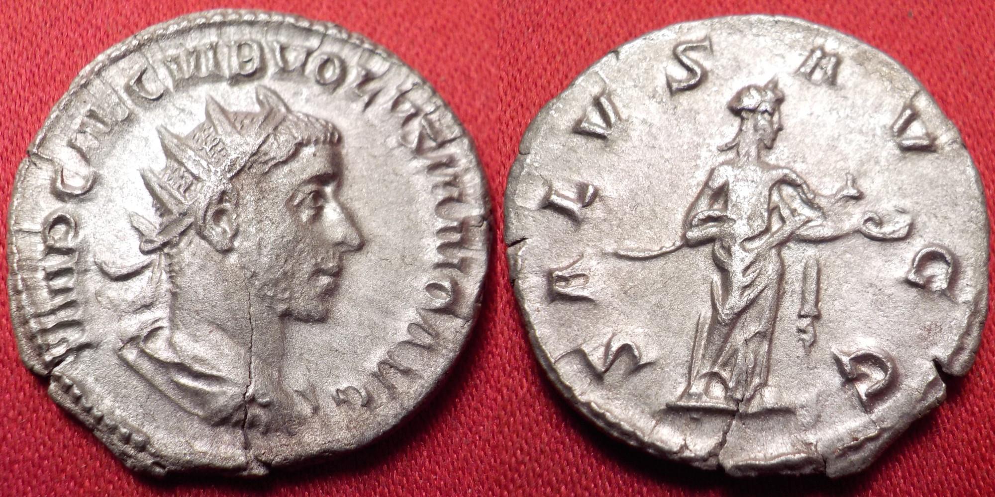 VOLUSIAN AR silver antoninianus, Salus standing, holding snake. Scarce