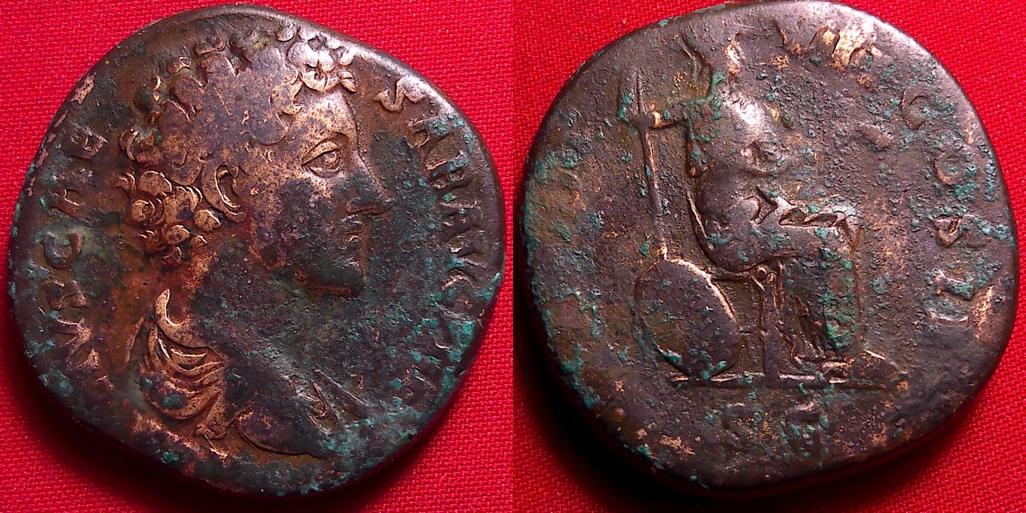 MARCUS AURELIUS CAESAR AE sestertius. Minerva seated right, holding ...