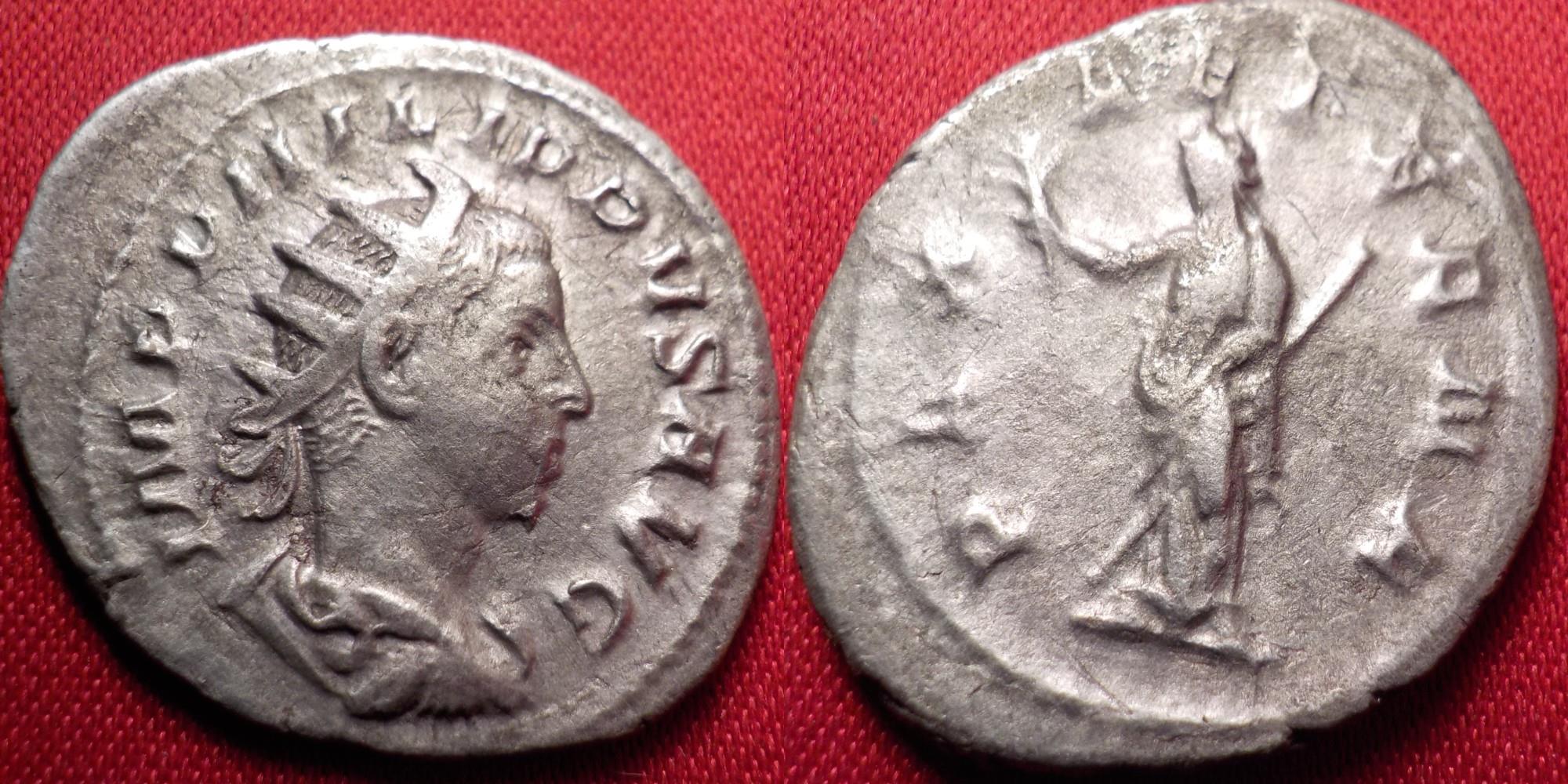 PHILIP II AUGUSTUS AR silver antoninianus. Pax standing, holding branch.