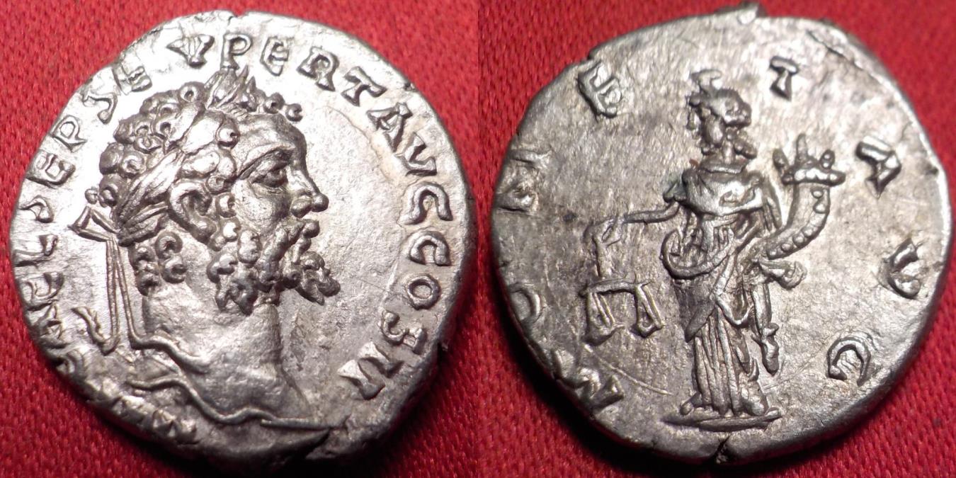 SEPTIMIUS SEVERUS AR silver denarius. MONET AUG, Moneta standing. Emesa ...