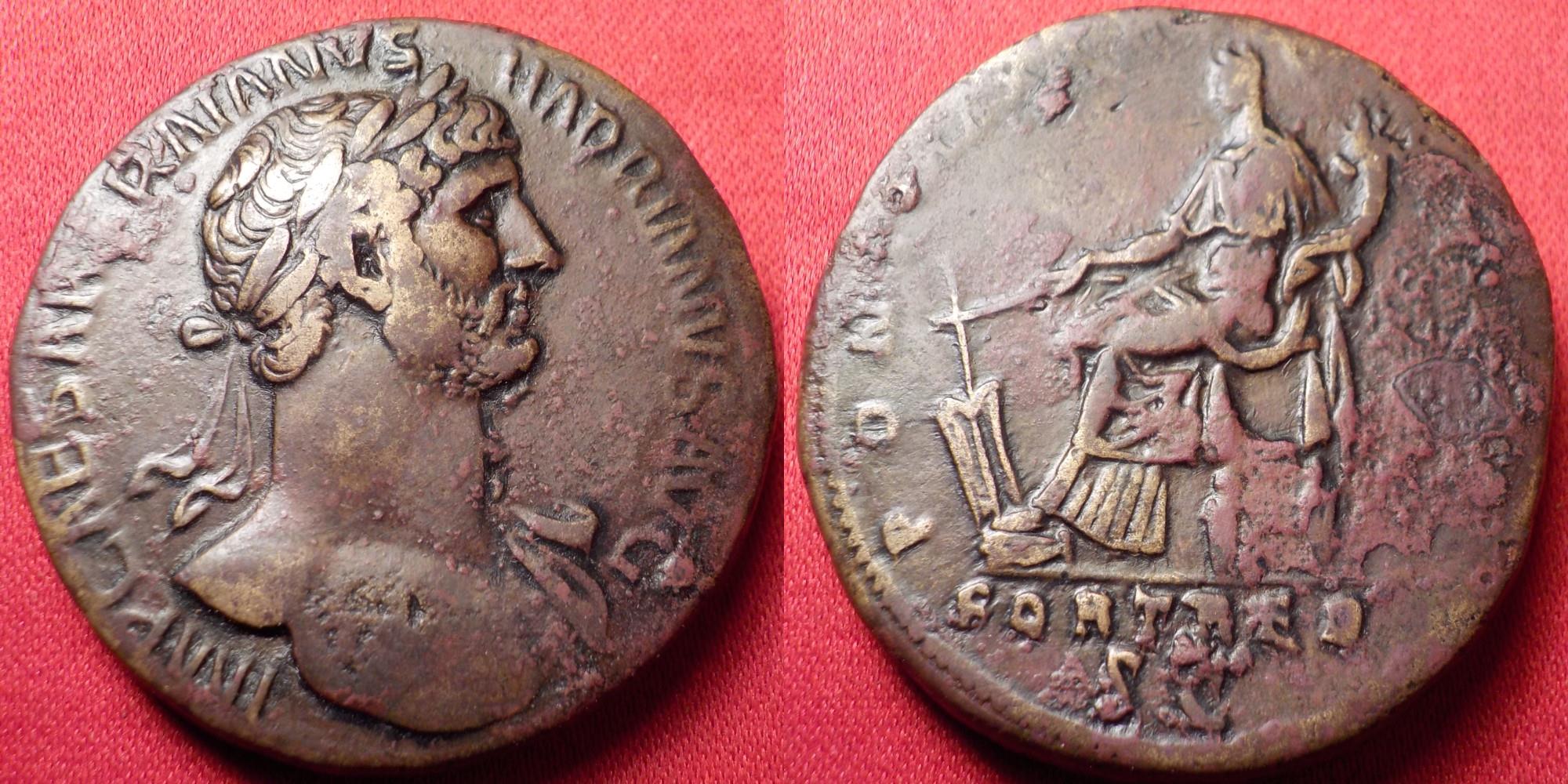 HADRIAN AE sestertius. 118 AD. FORT RED, Fortuna seated left. Handsome ...