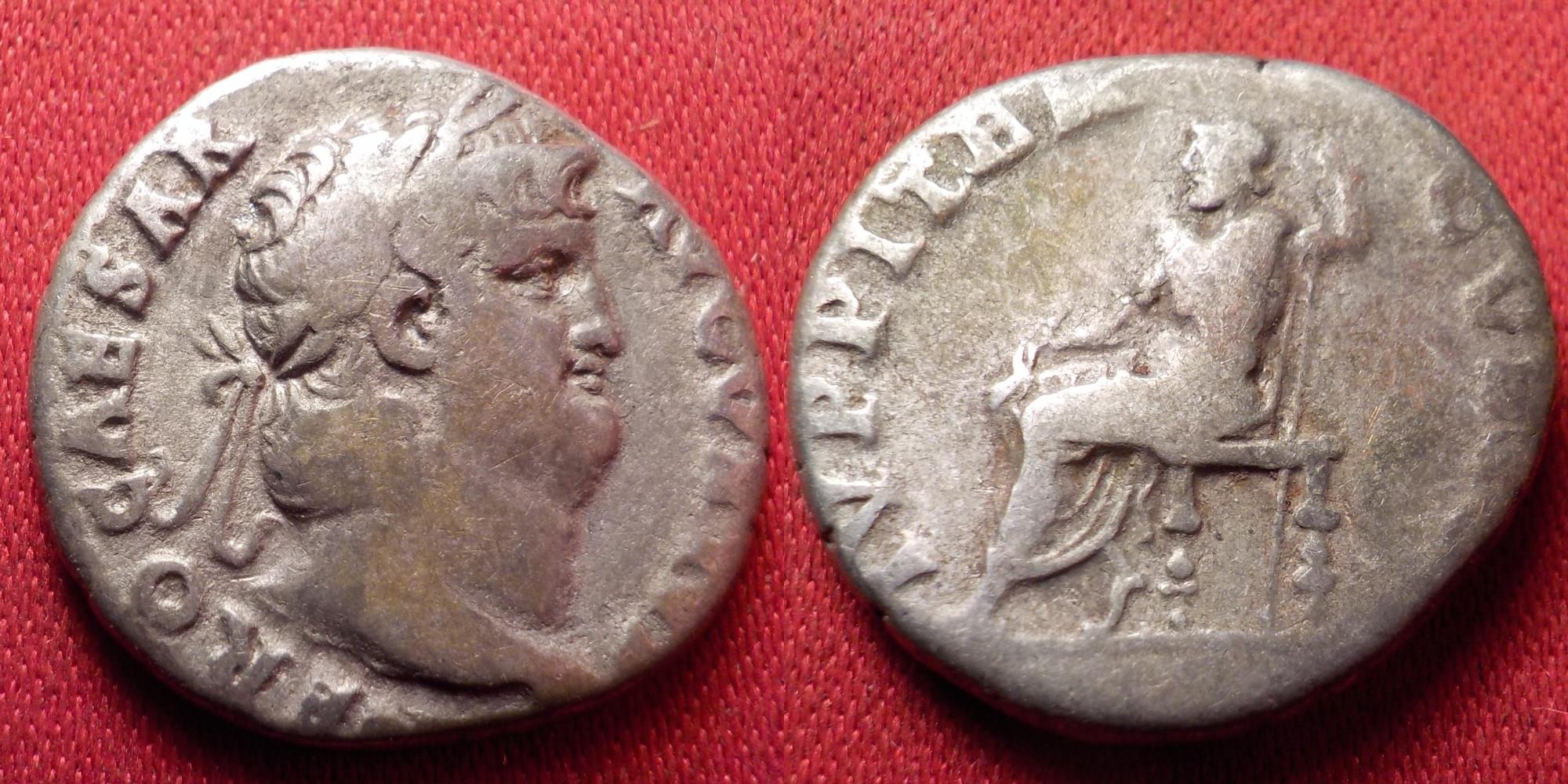 NERO AR silver denarius. Jupiter seated, holding thunderbolt & scepter ...