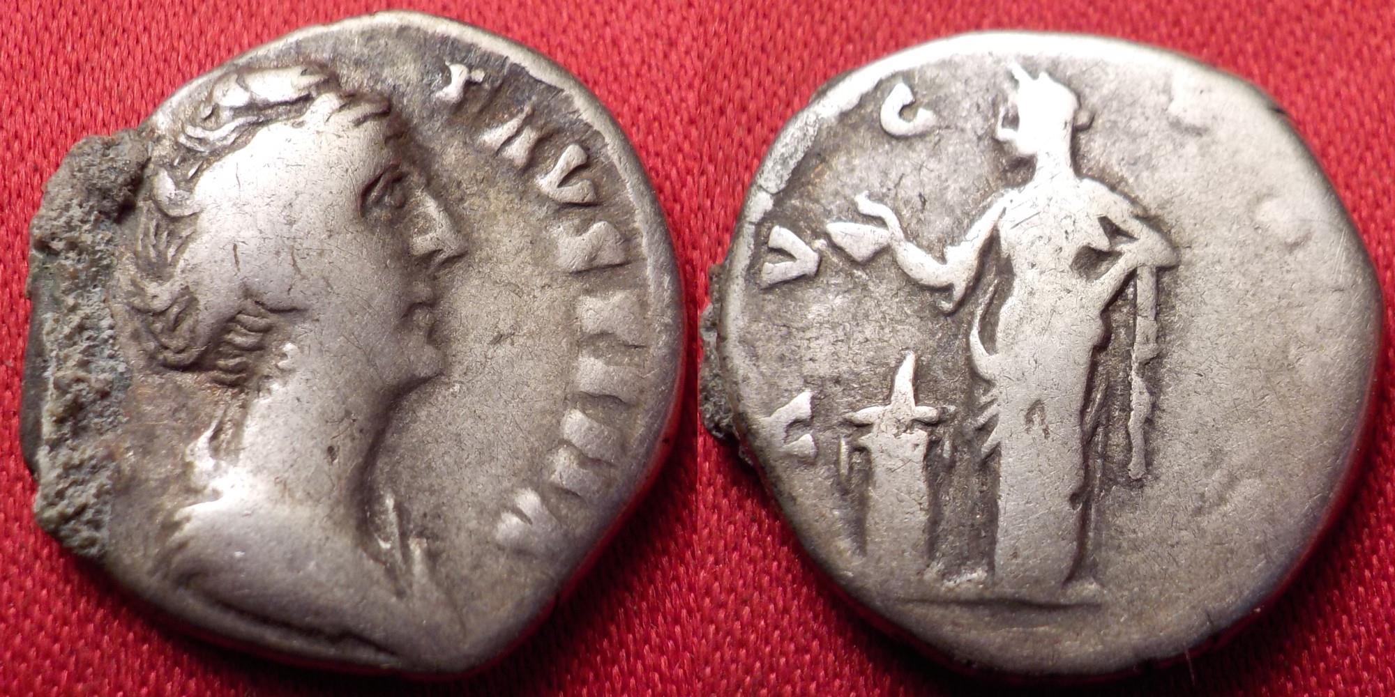 FAUSTINA I AR silver denarius. Pietas standing, altar beside.